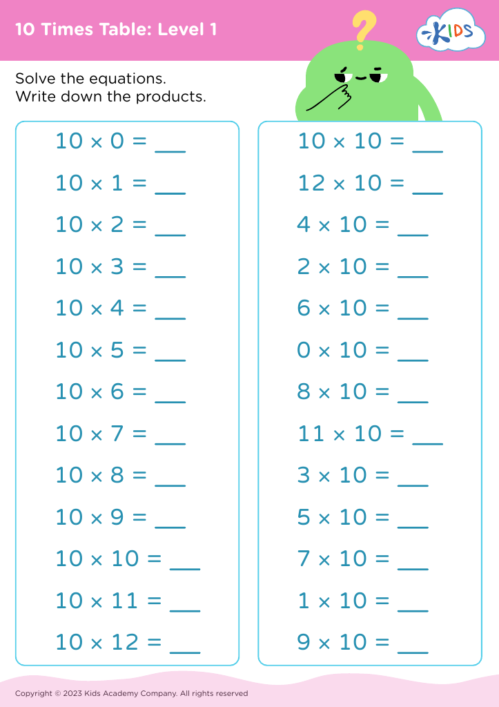 Free 10 Times Table Level 1 Worksheet For Kids
