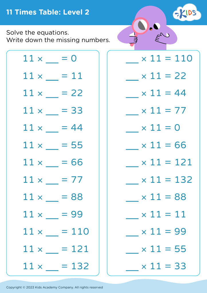 Free 11 Times Table Level 2 Worksheet For Kids