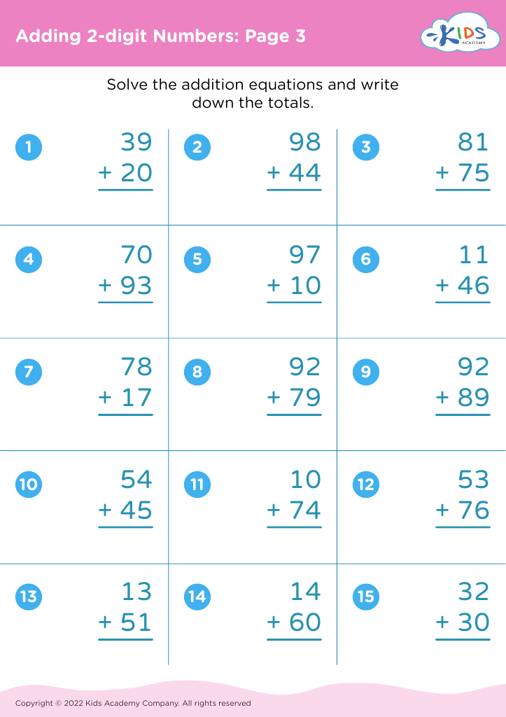 Adding 2 digit Numbers Worksheet Page 3