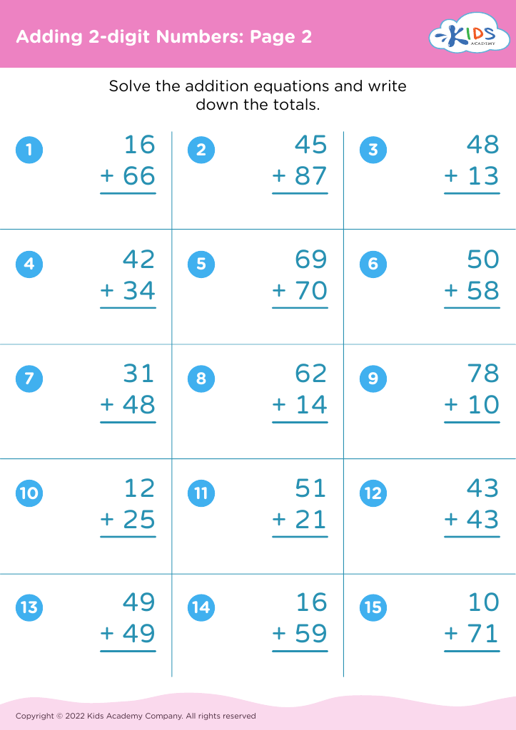Adding 2 digit Numbers Worksheet Page 2