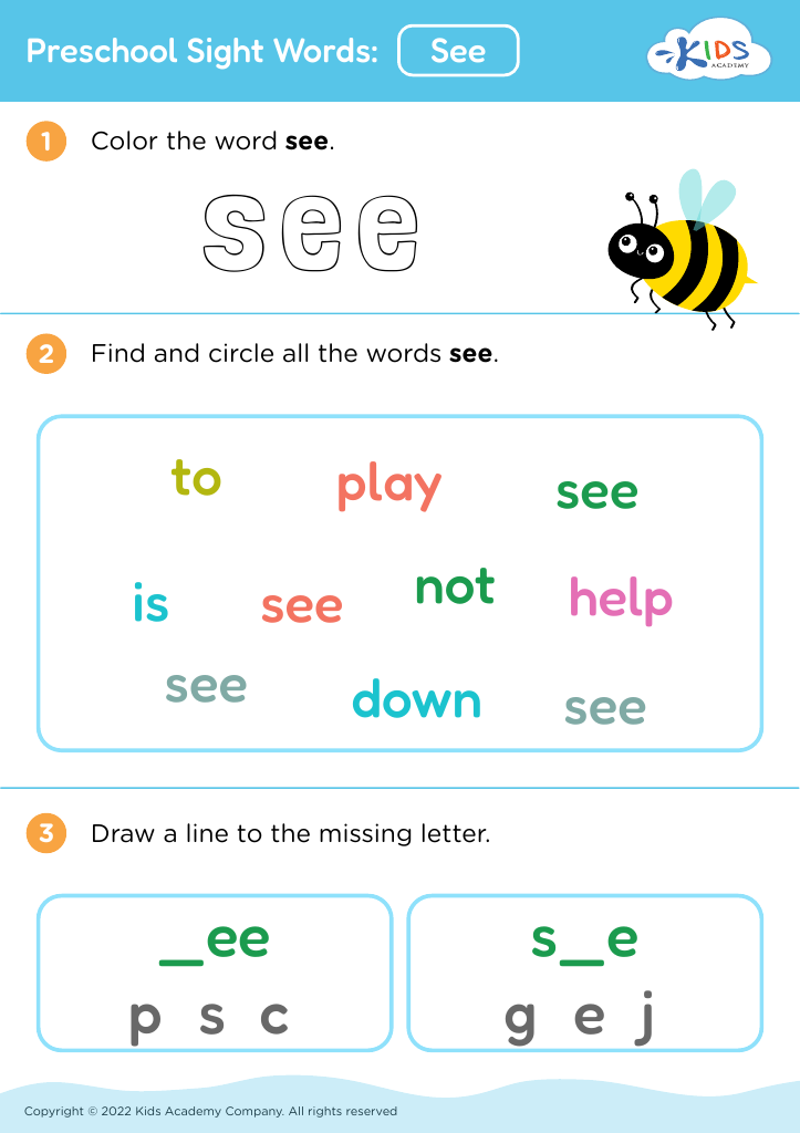 Free Preschool Sight Words See Worksheet For Kids