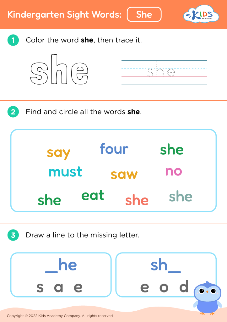 Free Kindergarten Sight Words She Worksheet For Kids