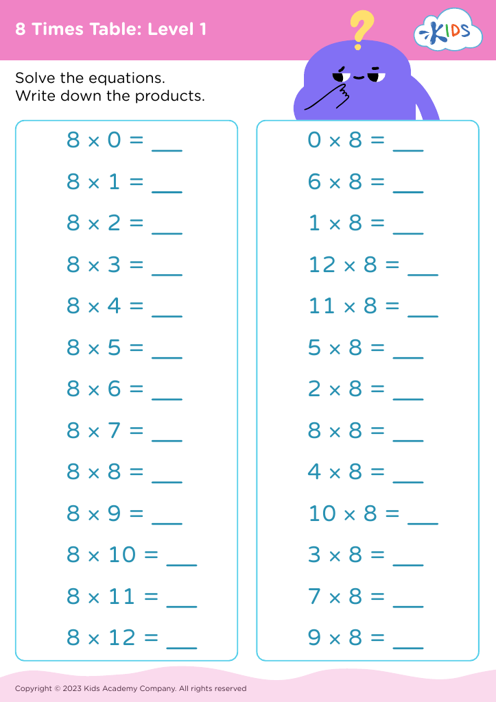 Free 8 Times Table Level 1 Worksheet For Kids Free 8 Times Table Level 1 Worksheet For Kids