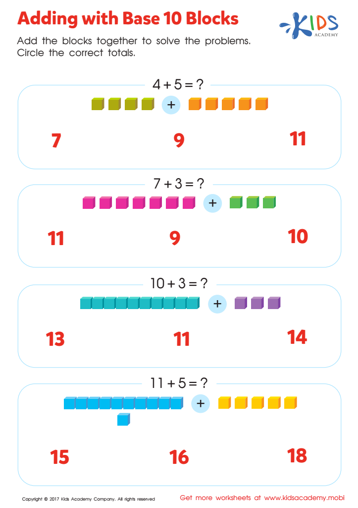 Adding With Base Ten Blocks Worksheet Free Printable PDF For Kids