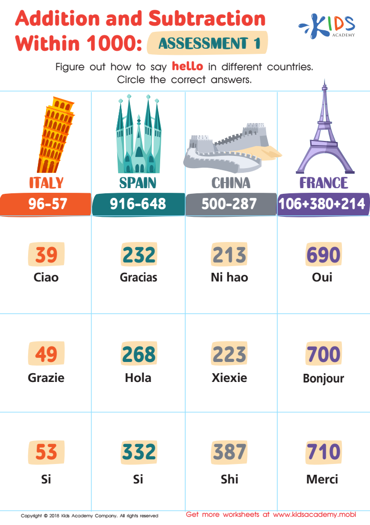 Addition And Subtraction Within 1000 Assessment 1 Worksheet For Kids