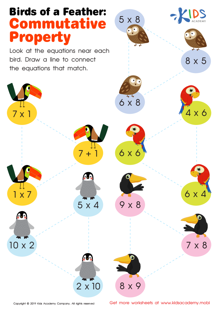 Birds Of A Feather Commutative Property Worksheet For Kids