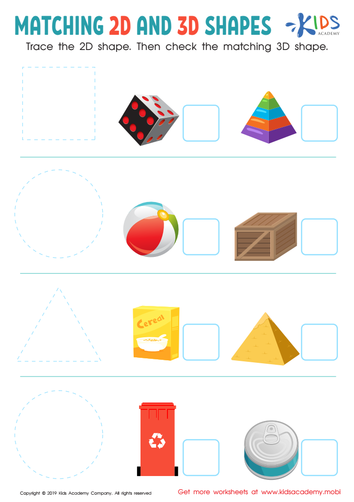 Matching 2D And 3D Shapes Worksheet For Kids