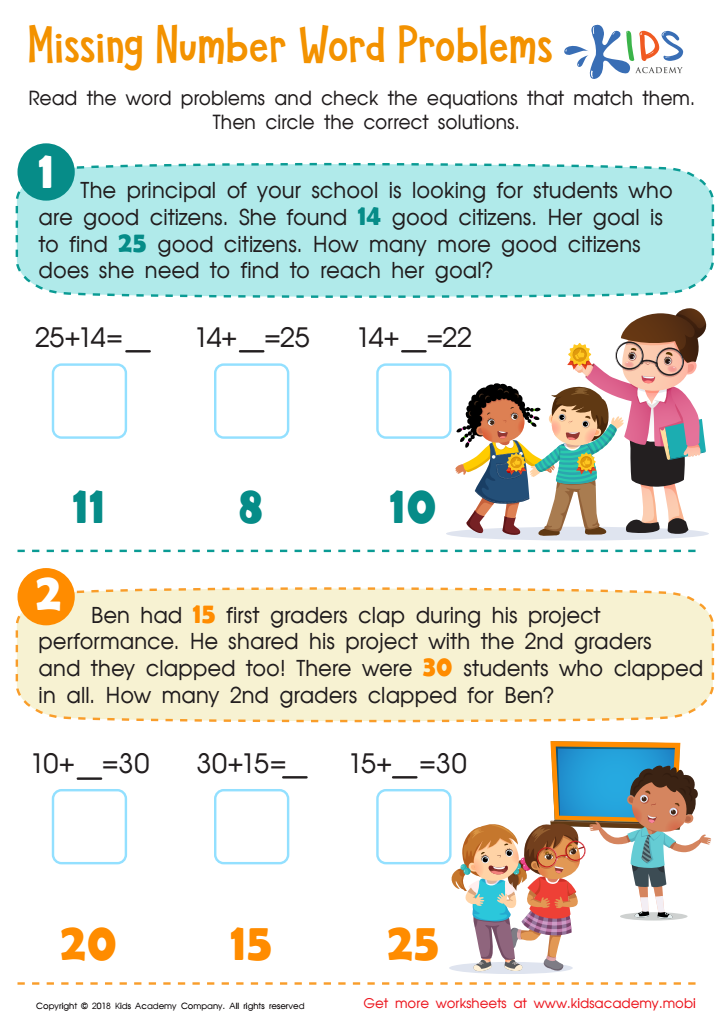 Missing Number Word Problems Worksheet For Kids
