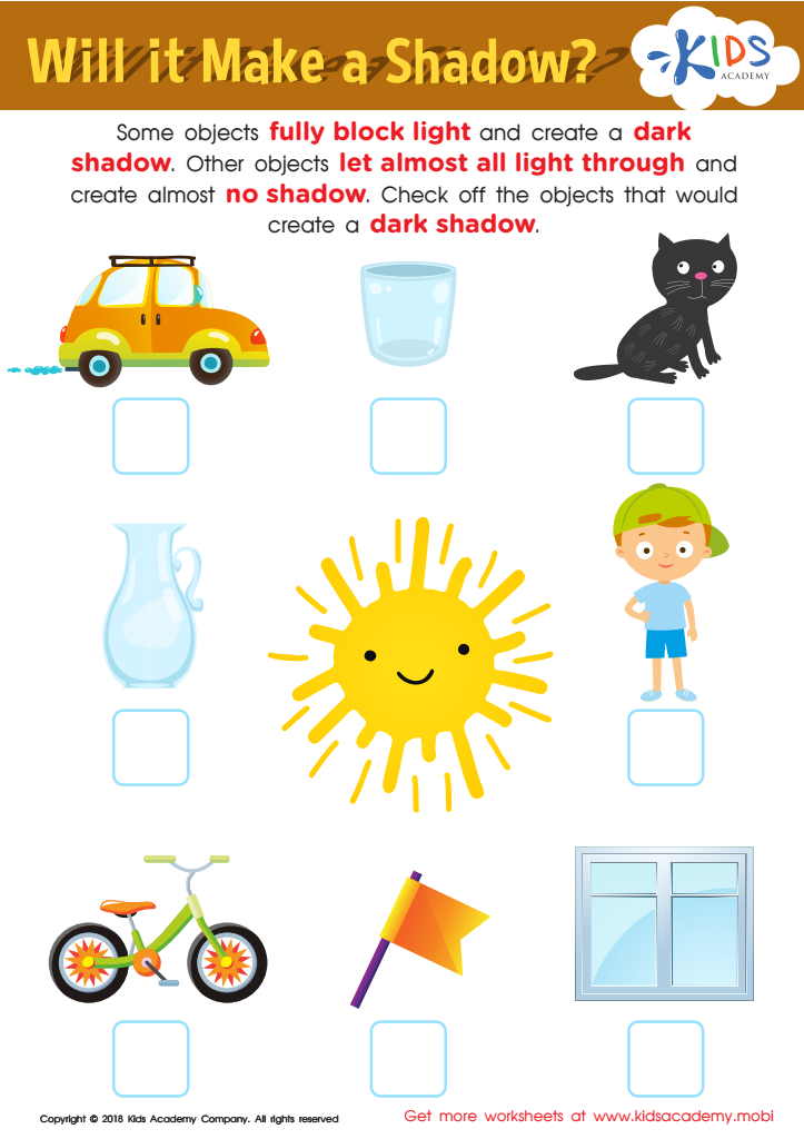 Will It Make A Shadow Worksheet For Kids Will It Make A Shadow Worksheet For Kids