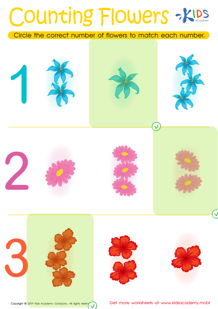 Counting Flowers Worksheet for kids - Answers and Completion Rate